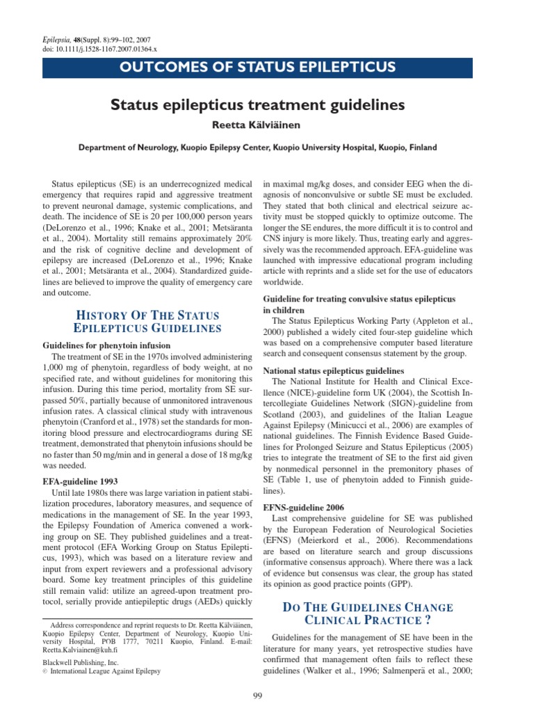 Status Epilepticus Treatment Guidelines | PDF | Epilepsy | Intravenous ...