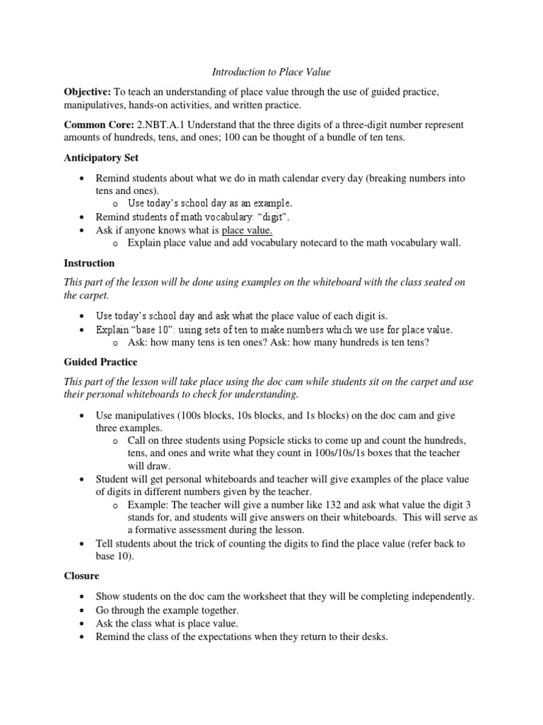 Second Grade Place Value Lesson | PDF | Education Theory | Educational ...