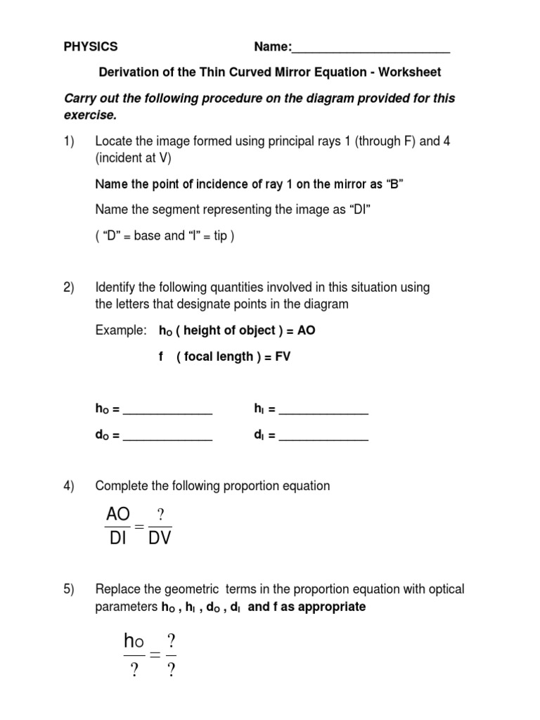 Thin Curved Mirror Equation Worksheet | PDF