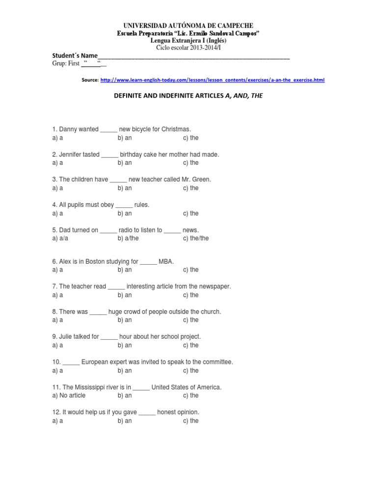 Definite and Indefinite Articles Exercise | PDF