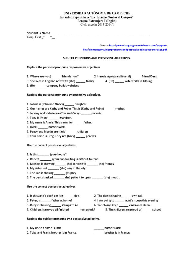 Subject Pronouns and Adjectives Exercises | PDF | Syntax | Linguistic ...