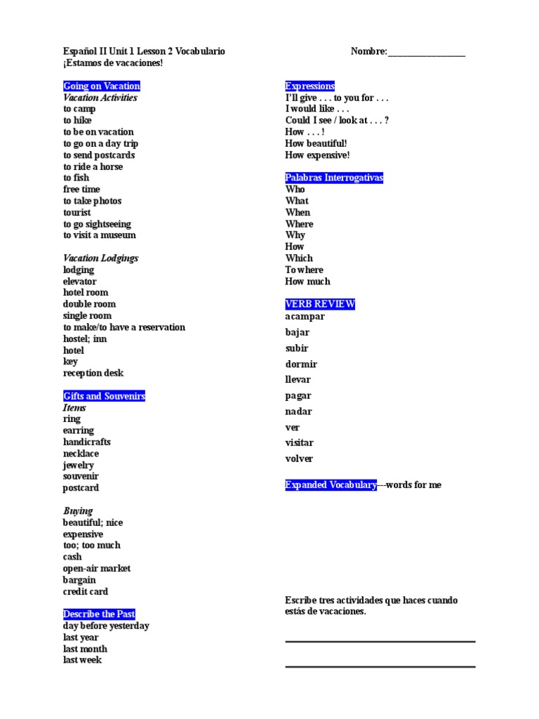 Spanish Vocabulary Sheet | PDF | Foreign Language Studies