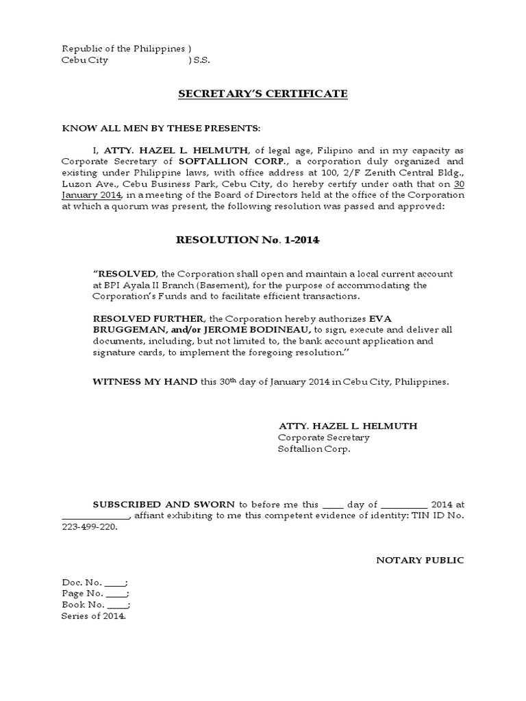 Secretary's Certificate to Open A Bank Account | Justice | Crime & Justice