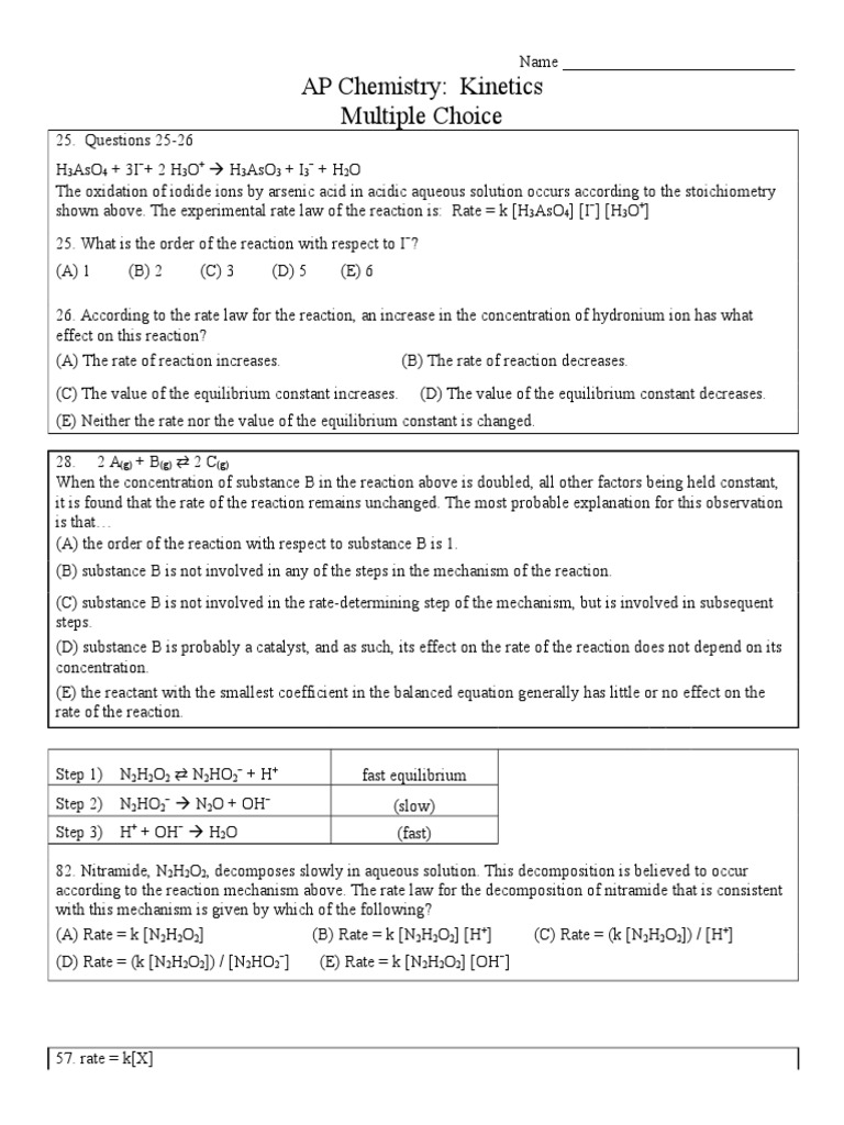 AP Chemistry Kinetics Practice MCQs | PDF