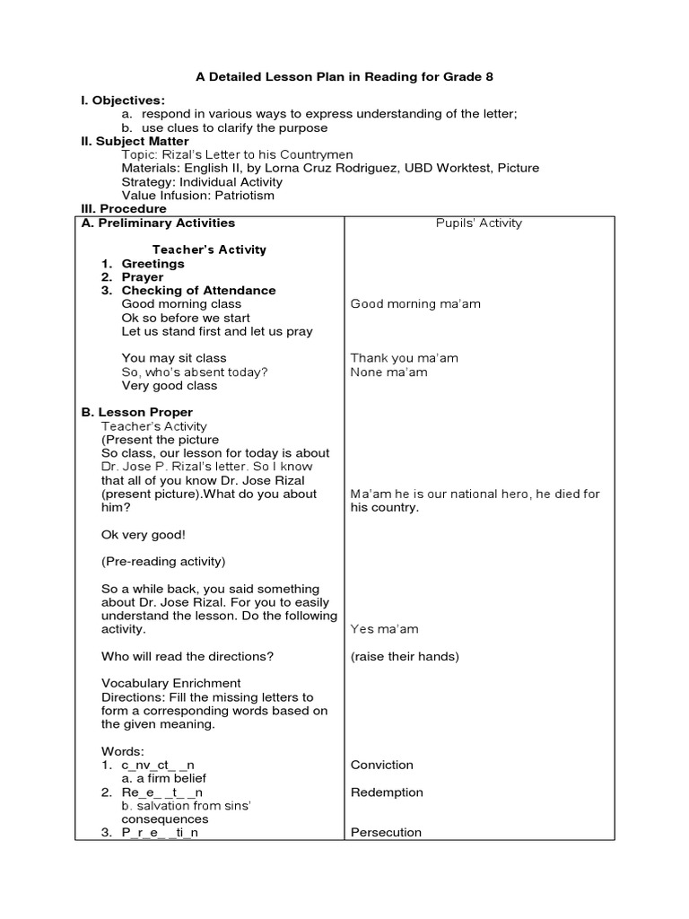 A Detailed Lesson Plan in Reading For Grade 8 | PDF | Lesson Plan ...