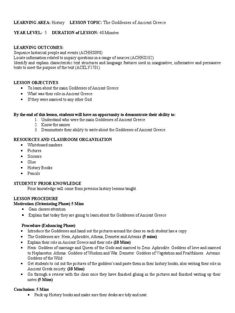 Goddesses of Ancient Greece Lesson Plan | PDF