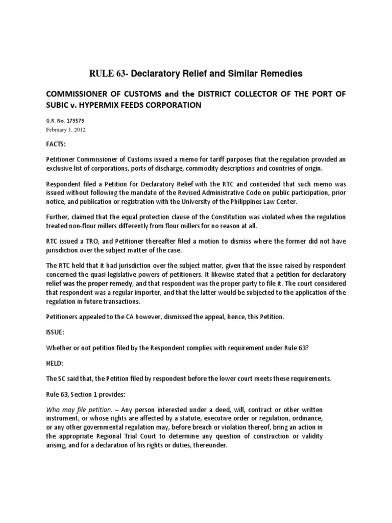 RULE 63-Declaratory Relief and Similar Remedies Commissioner of Customs and The District ...