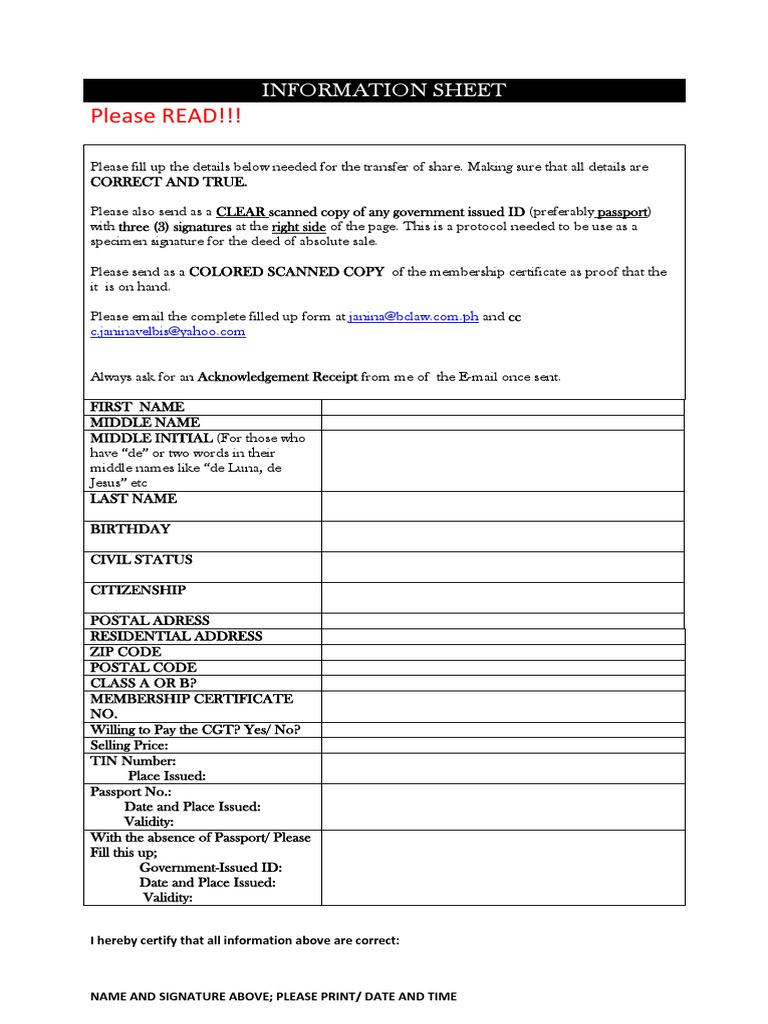Share Transfer Information Sheet | PDF | Written Communication ...