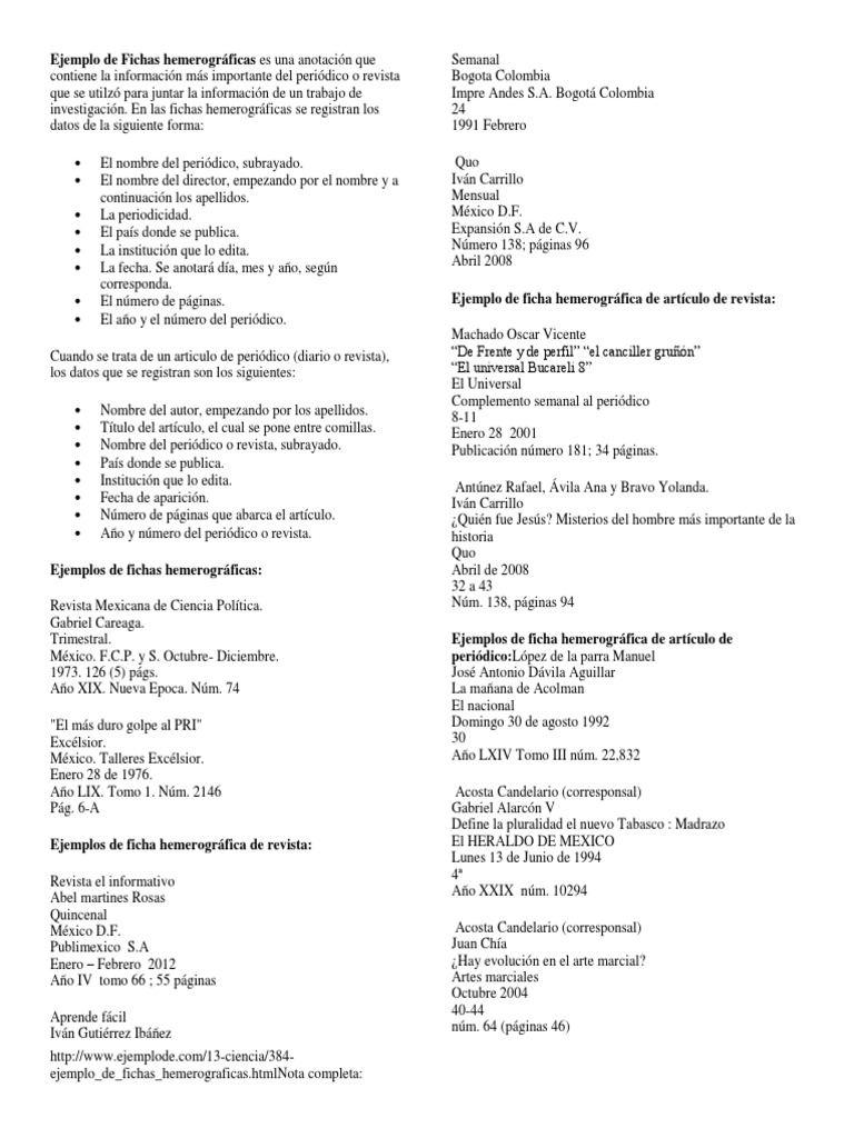 Ejemplo de Fichas hemerográficas es una anotación que contiene la ...
