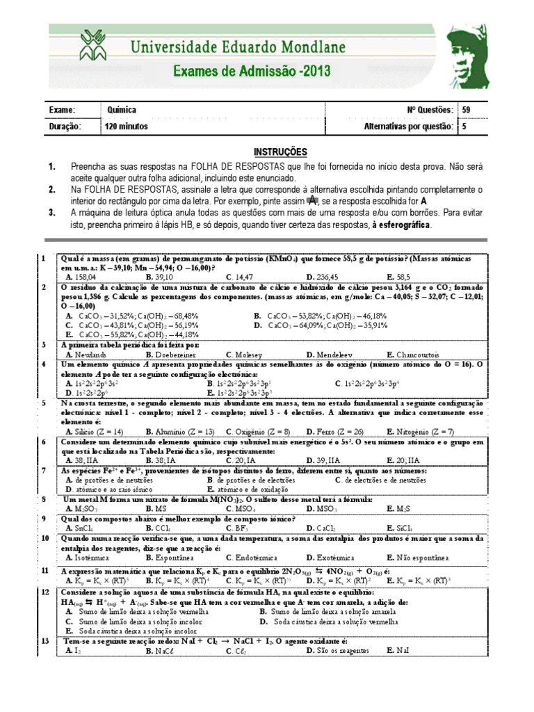 Exame de Quimica 2013 UEM | PDF | Combustão | Ácido