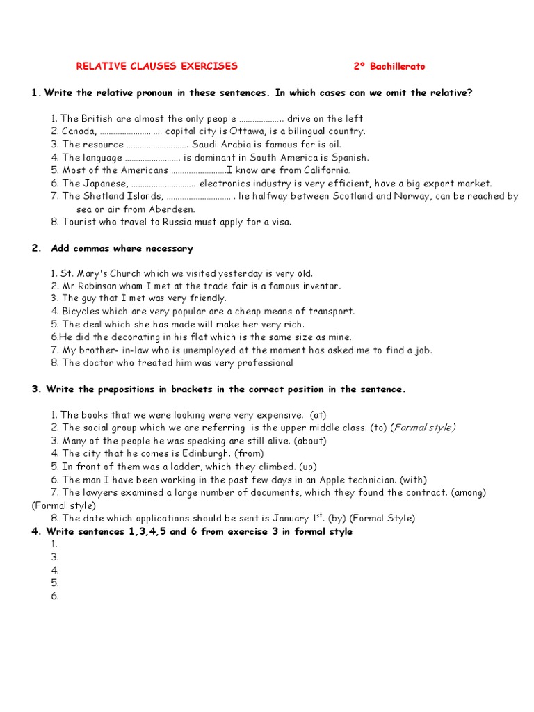 Relative Clauses Exercises 2º Bachillerato (1) - 1 | PDF | Ellipsis | Language Mechanics