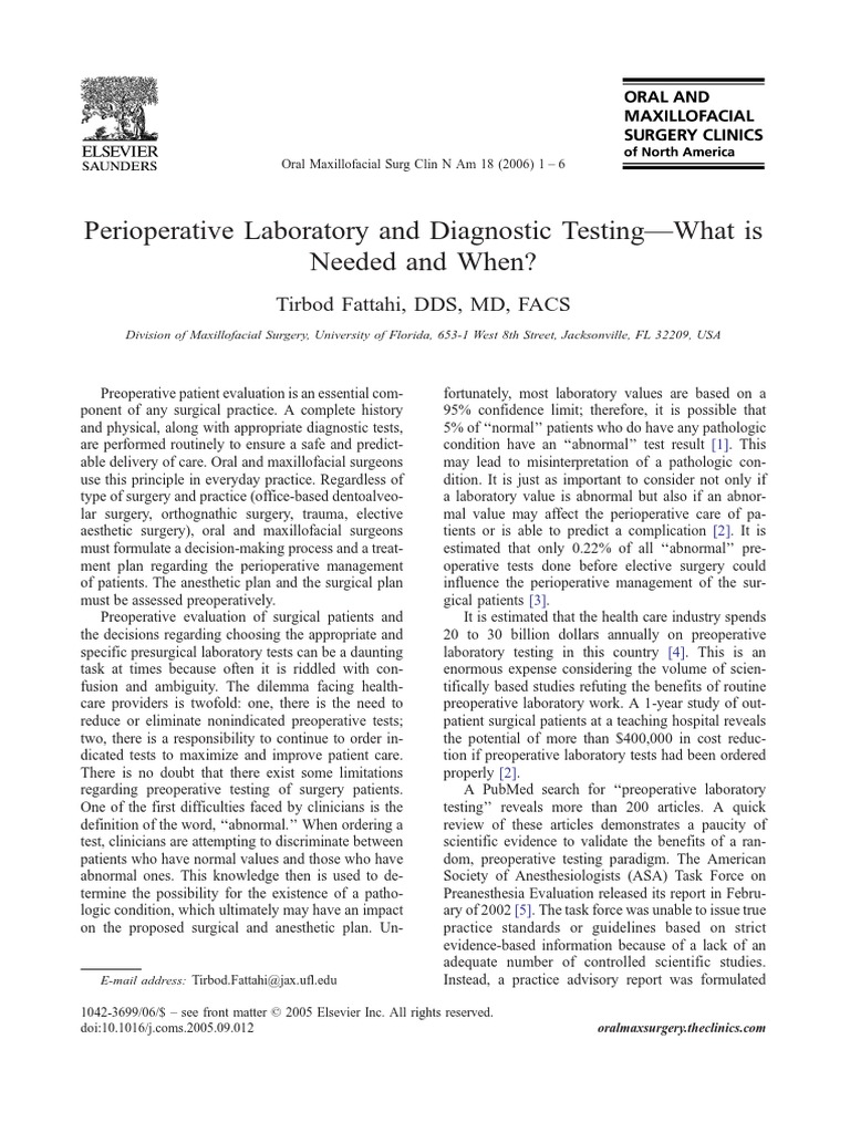 Perioperative Laboratorytesting - The Clinics | PDF | Surgery | Anesthesia