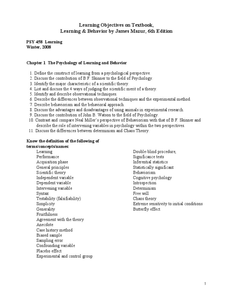 Learning Objectives On Textbook, Learning & Behavior by James Mazur, 6th Edition | PDF ...