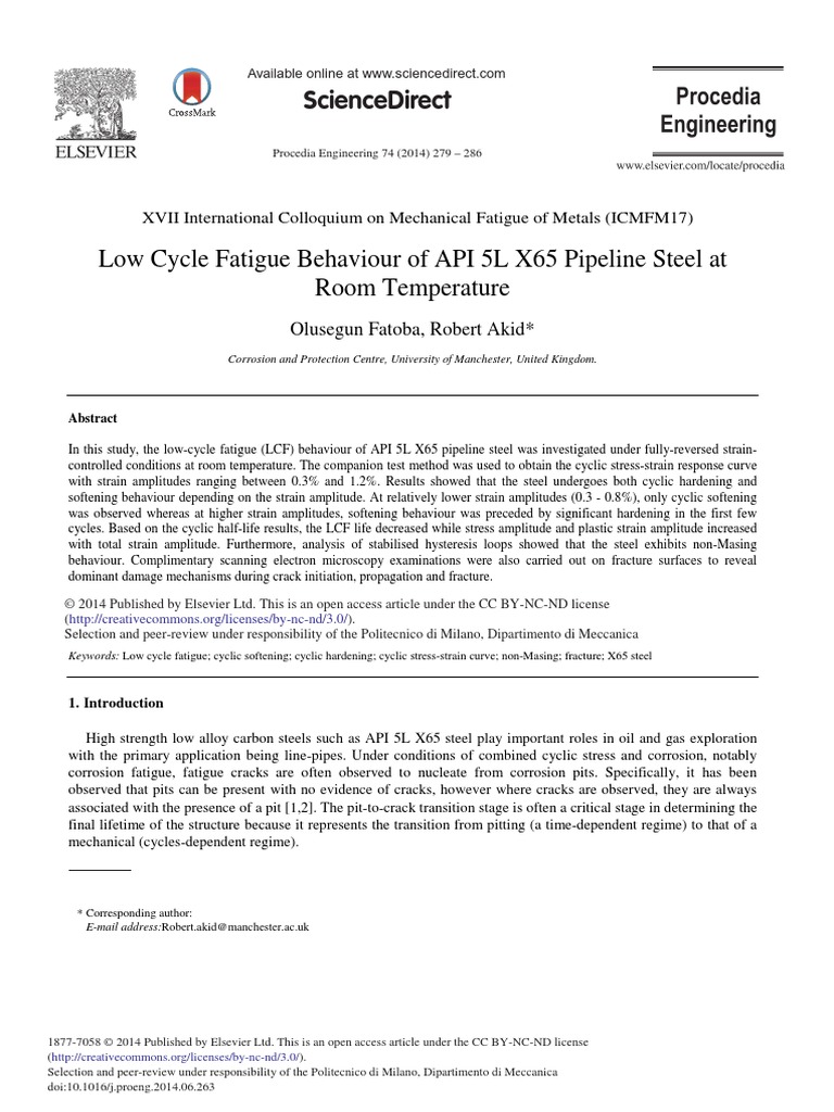 Low Cycle Fatigue Behaviour Of Api 5l X65 Pipeline Steel At Room Temperature Pdf Strength Of