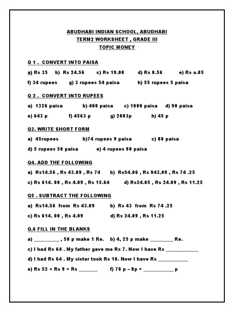 Class 3 Money Worksheet PDF | PDF