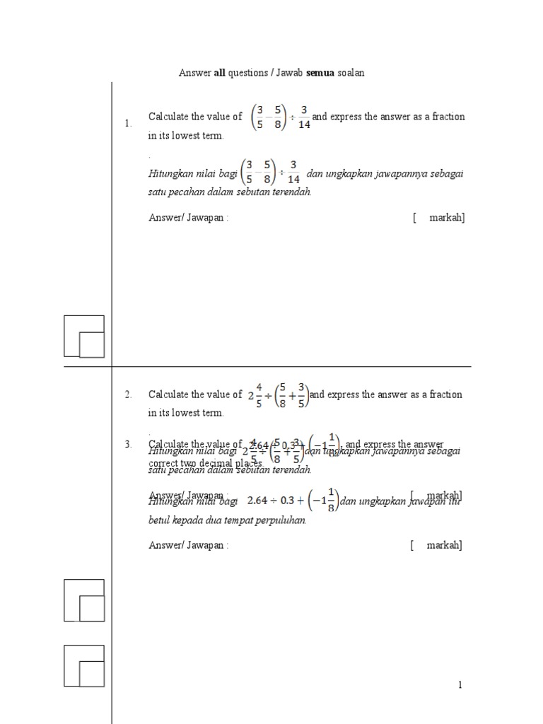 Soalan Peperiksaan Matematik Tingkatan 1 Kertas 2 | PDF | Numbers ...