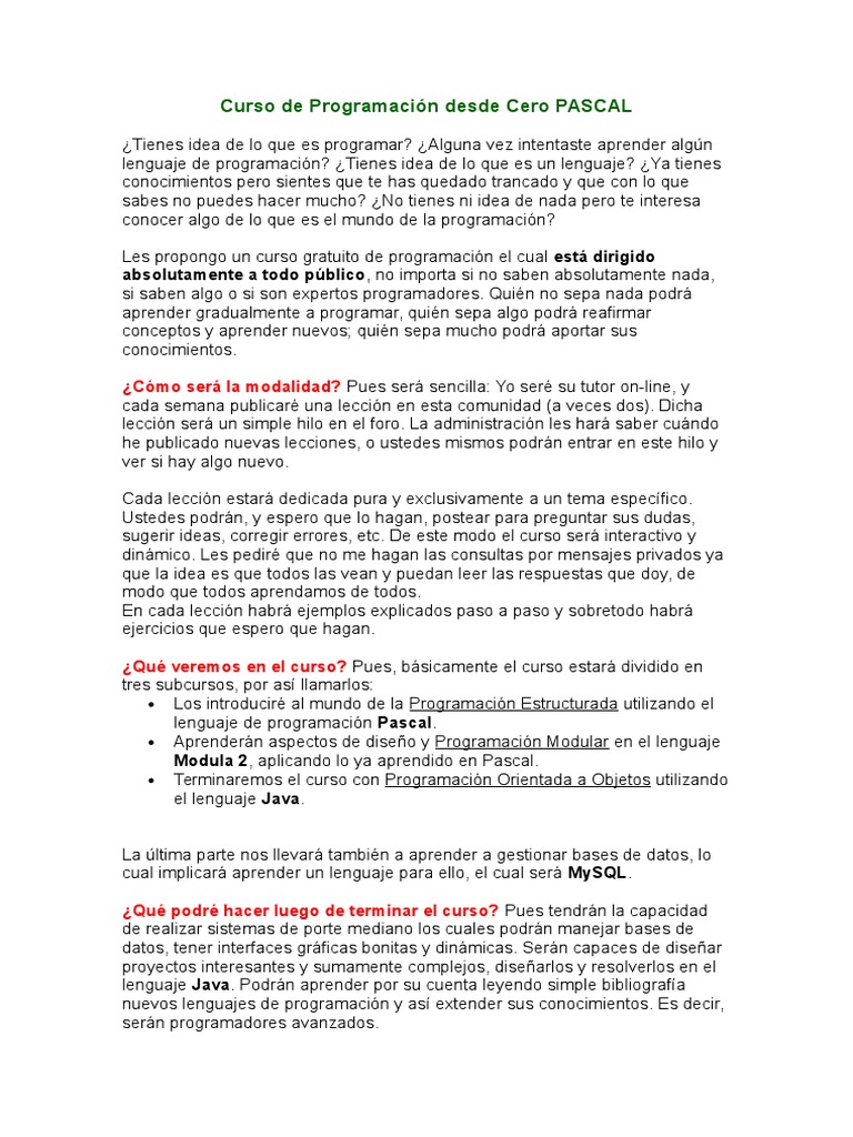 Curso de Programación Pascal | PDF | Lenguaje de programación | Programa de computadora