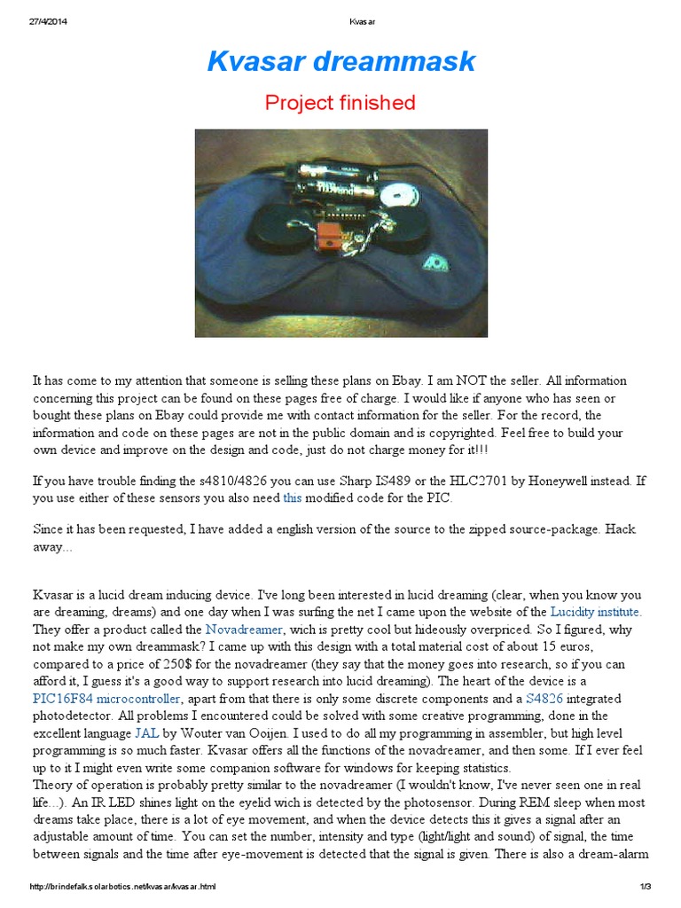 Kvasar Dreammask: Project Finished | PDF | Resistor | Dream
