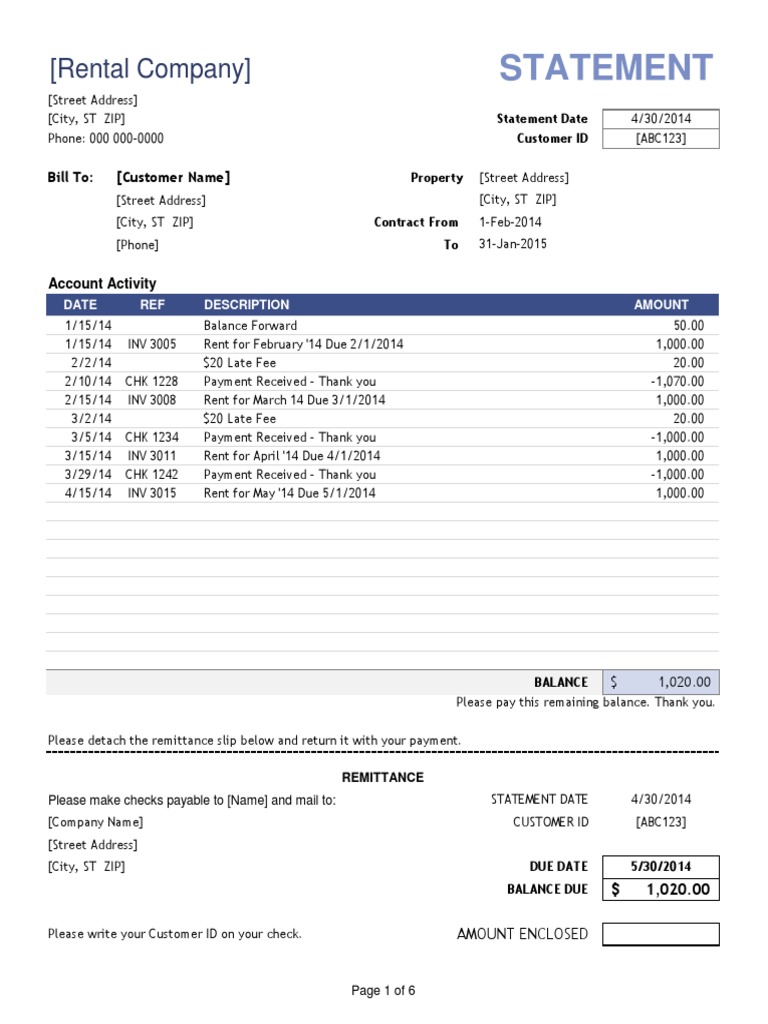Rental Billing Statement | Cheque | Spreadsheet