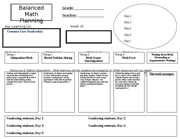Balanced Math Planning Template | PDF