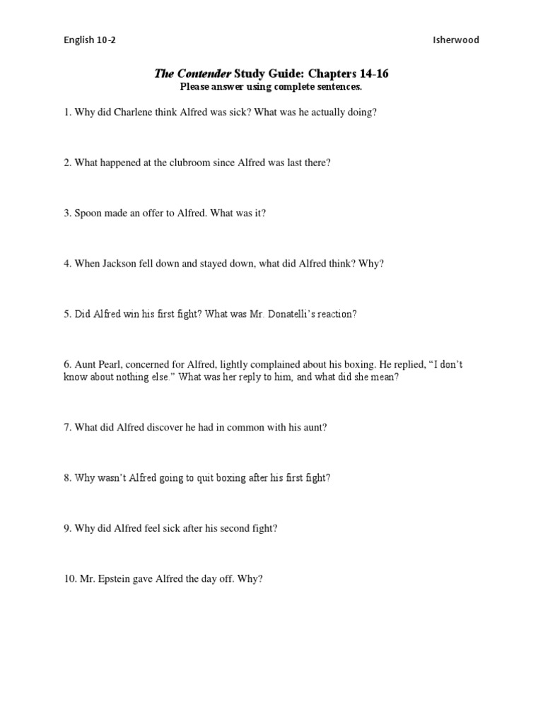 The Contender Study Guide: Chapters 14-16 | PDF