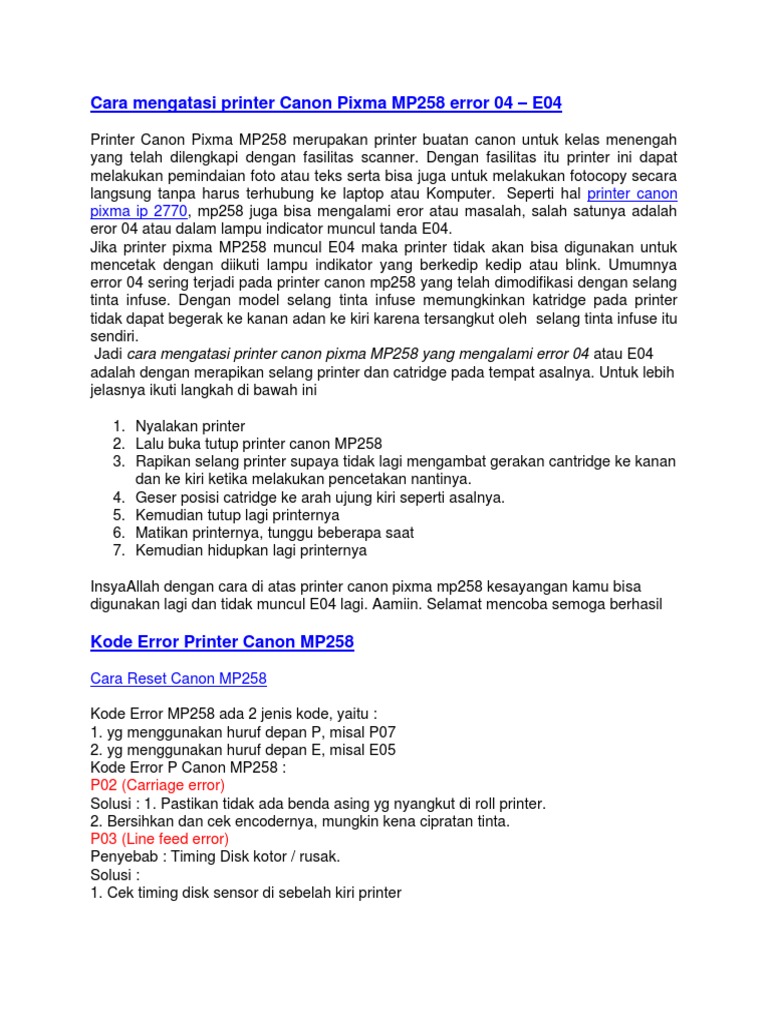 Cara Mengatasi Printer Canon Pixma MP258 Error 04 | PDF | Komputer