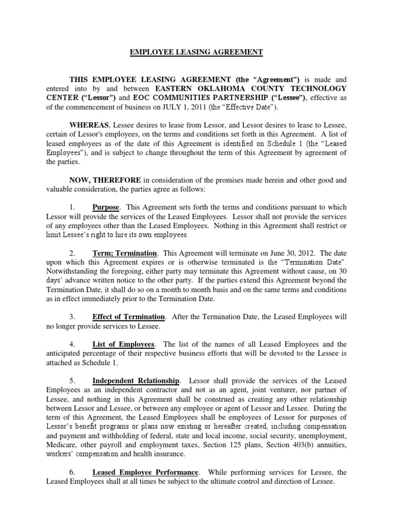 Employee Leasing Agreement Fy 12 | Lease | Independent Contractor