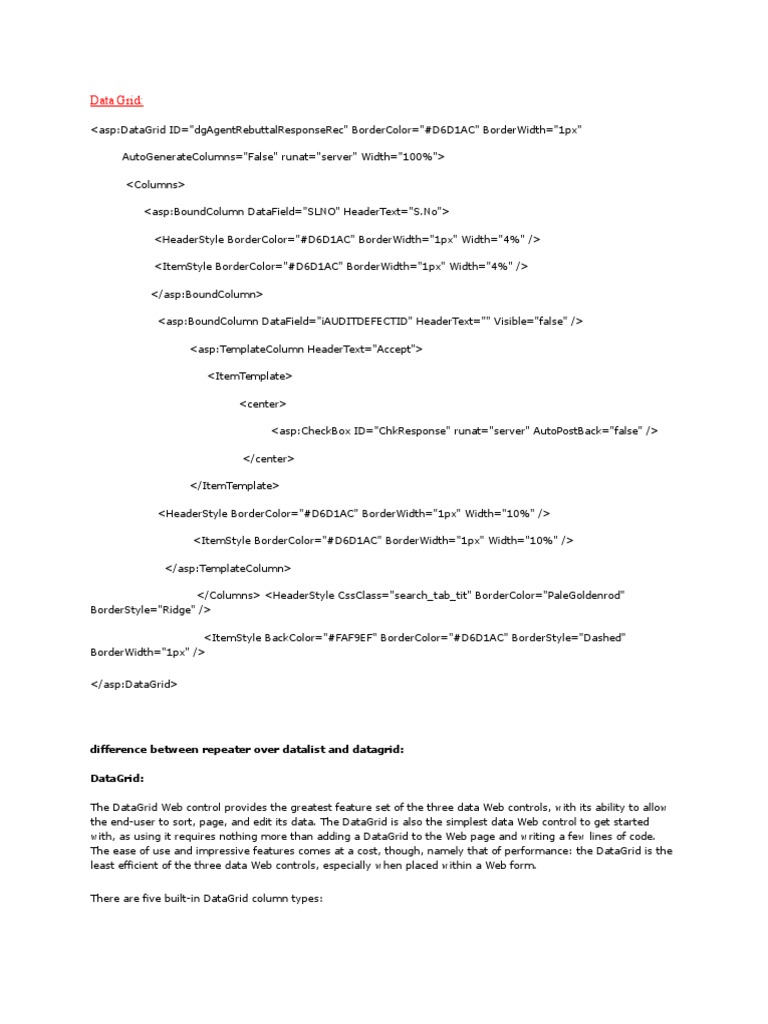 Data Grid:: Difference Between Repeater Over Datalist and Datagrid: Datagrid | PDF | Cache ...
