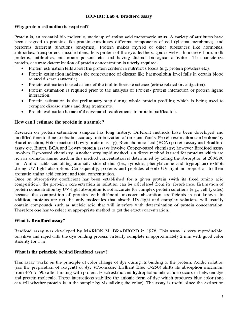 BIO 103 Lab 4 Bradford Assay | PDF | Proteins | Biology