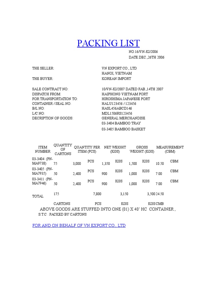 Packing List: Above Goods Are Stuffed Into One (01) X 40' HC Container ...