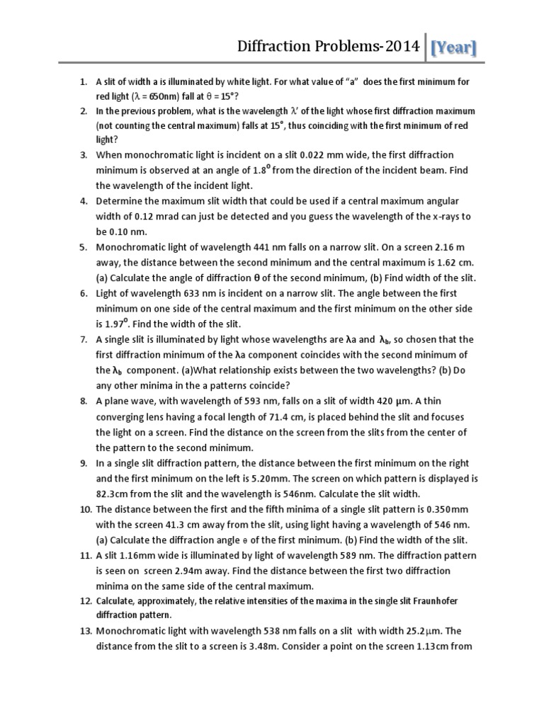 Diffraction Problems | PDF | Diffraction | Wavelength
