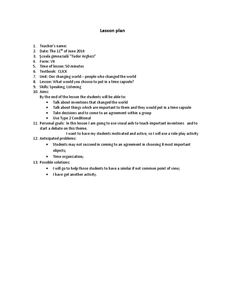 Time Capsule Lesson Plan for Class VII | PDF | Lesson Plan | Pedagogy
