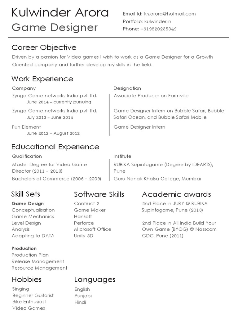 Game Designer Resume: Kulwinder Arora | PDF