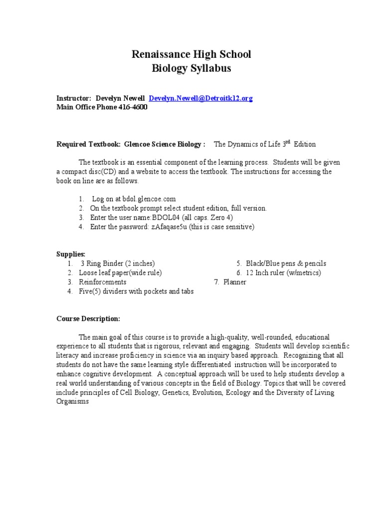 Renaissance High School Biology Syllabus | PDF | Homework | Biology
