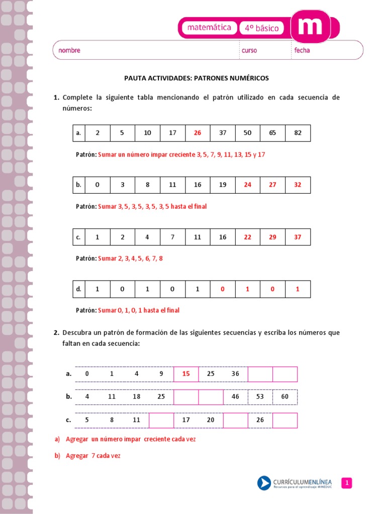 Hojas De Trabajo De Patrones Numéricos De Cuarto Grado
