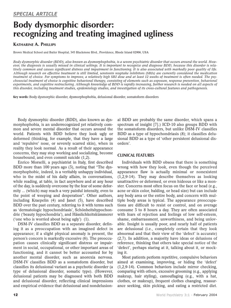 Body Dysmorphic Disorder | PDF | Cognitive Behavioral Therapy | Medical ...