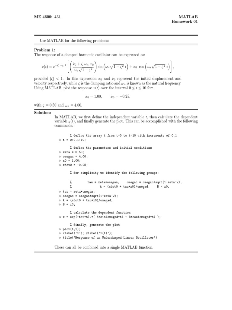 Matlab HW PDF | PDF | Classical Mechanics | Mechanical Engineering Matlab HW PDF | PDF | Classical Mechanics | Mechanical Engineering