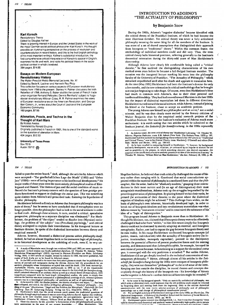 Adorno, 'The Actuality of Philosophy' (1931 1977 Telos Ed) | PDF ...