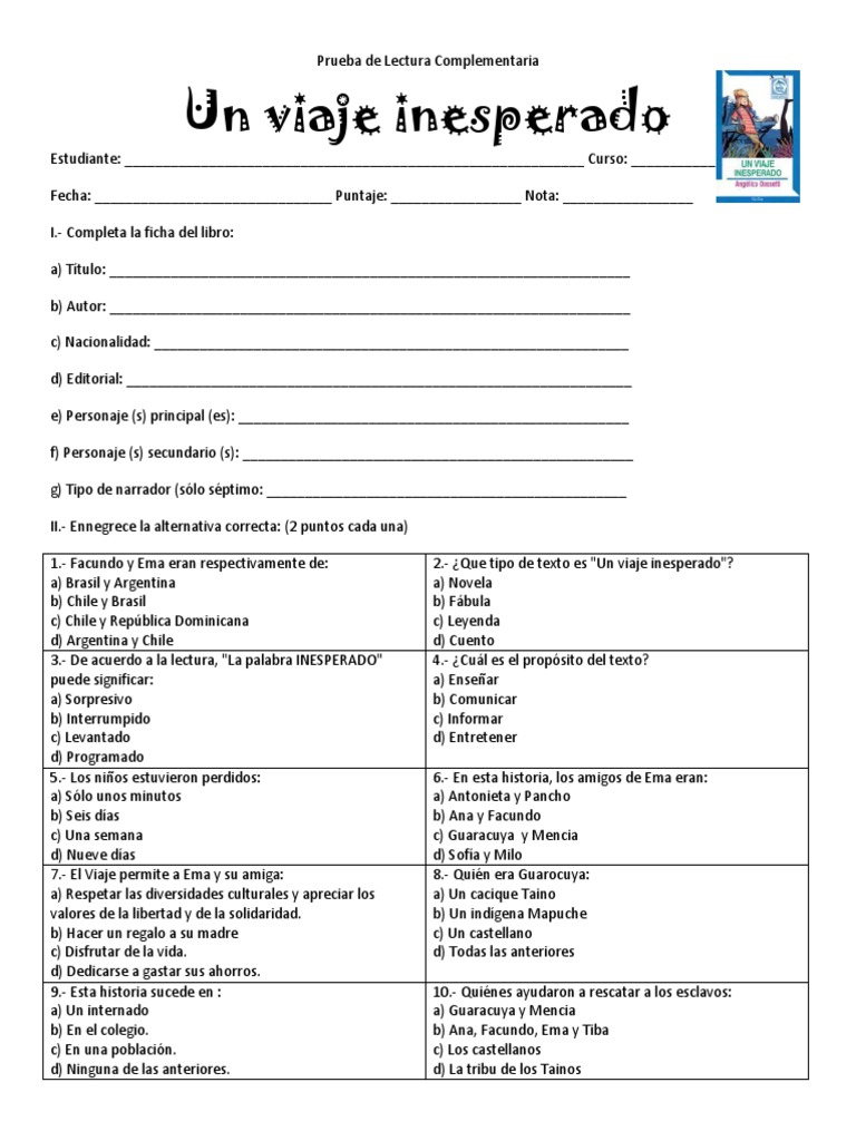 Prueba de Lectura Complementaria - Un Viaje Inesperado | PDF | Lectura ...