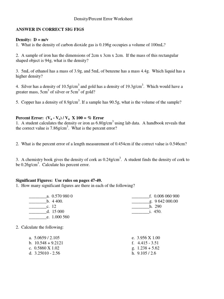 Density Percent Error Worksheet | PDF