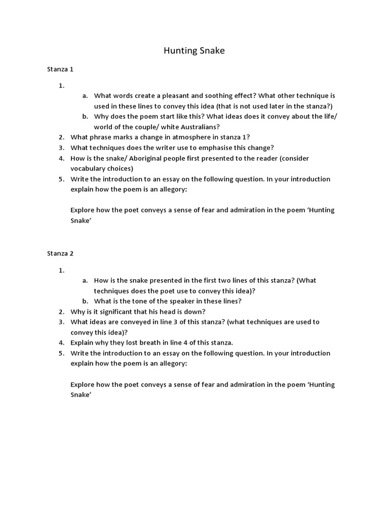 Hunting Snake Questions | PDF | Allegory | Poetry