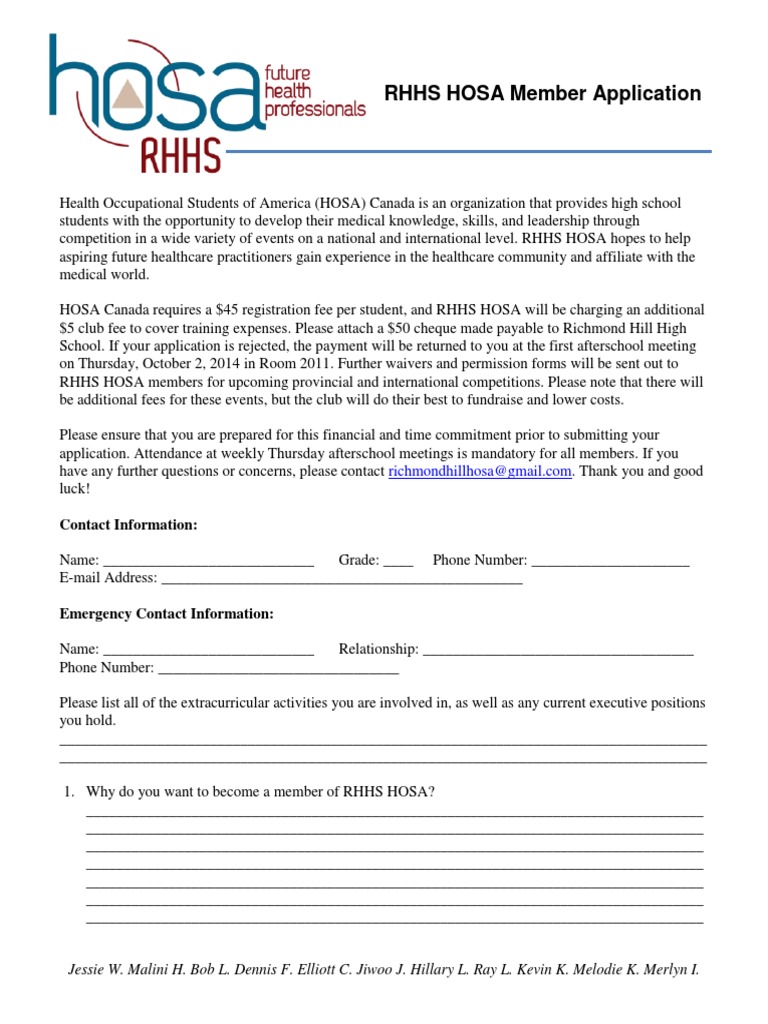 RHHS HOSA Application | Fee | Medicine