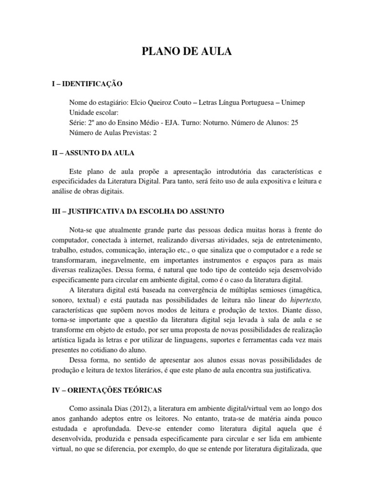Plano de Aula Literatura | PDF | Hipertexto | Lição