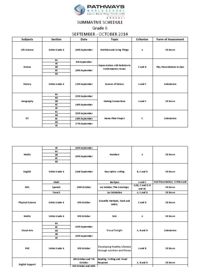 Summative Assessment Calendar Grade 6 | PDF | Foreign Language Studies