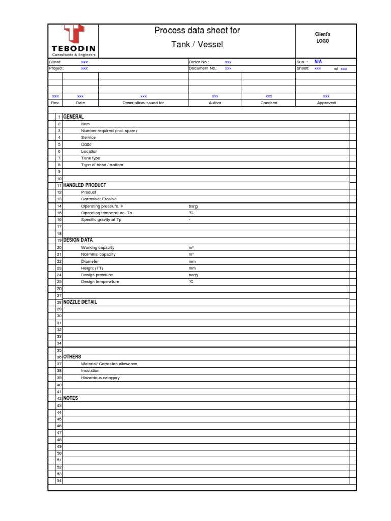 Process Data Sheet For Tank / Vessel: XXX XXX XXX XXX XXX XXX | PDF ...