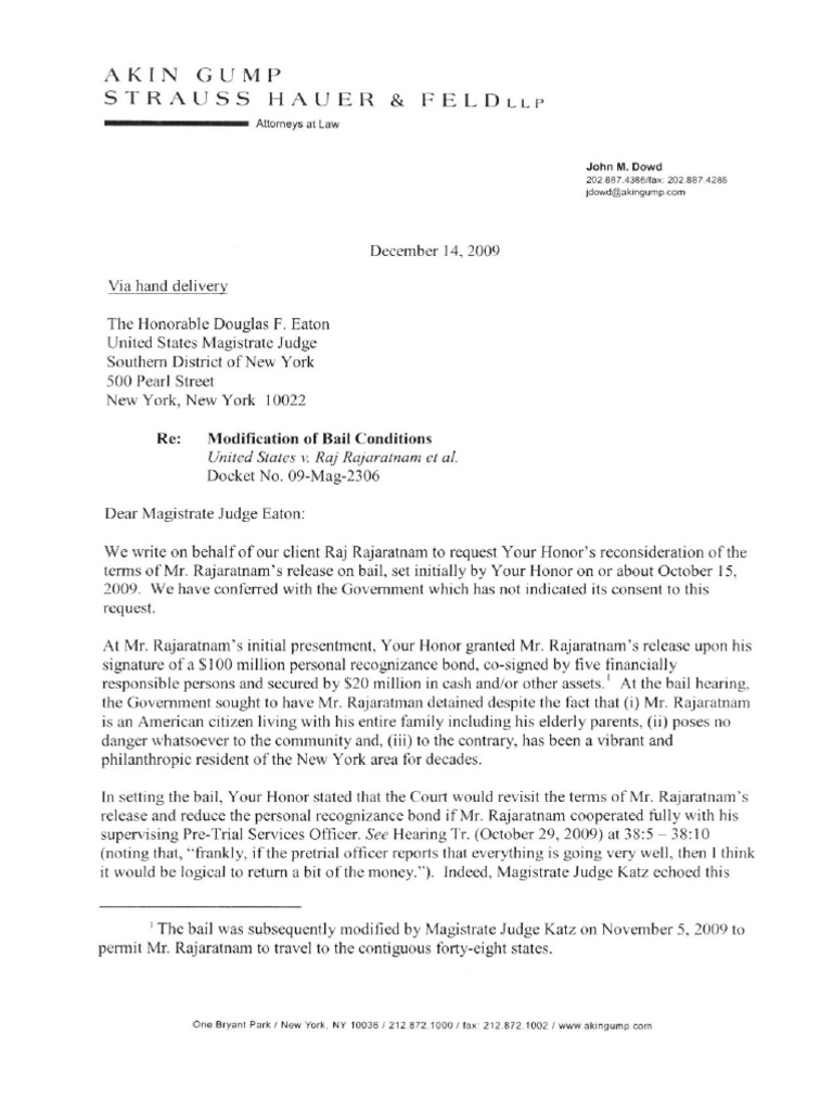 Bail Modification Letter From Raj Rajaratnam