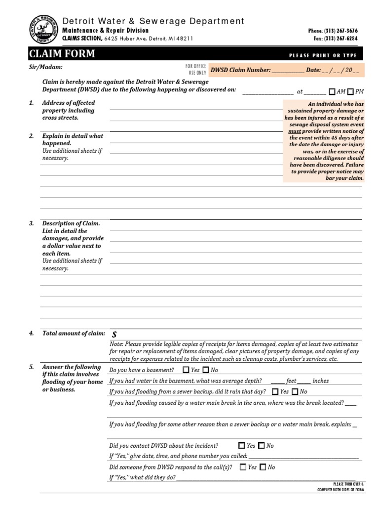 DWSD Claim Form - Detroit Flood 2014 | PDF | Deductible | Insurance