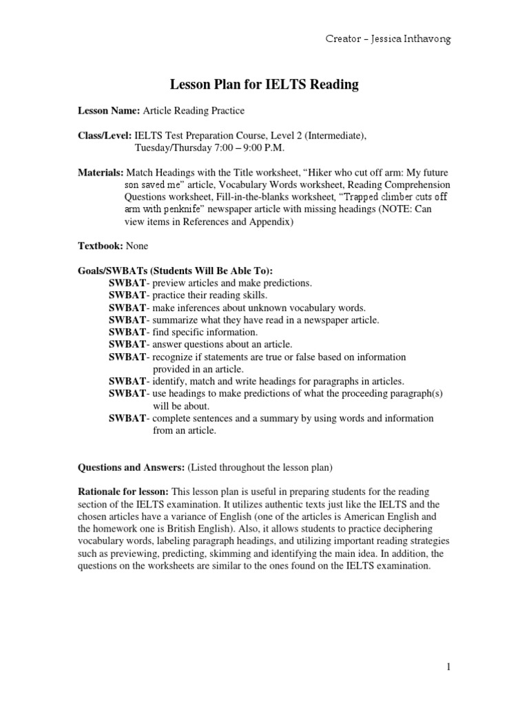 Ielts Reading Lesson Plan | PDF | Reading Comprehension | Speed Reading