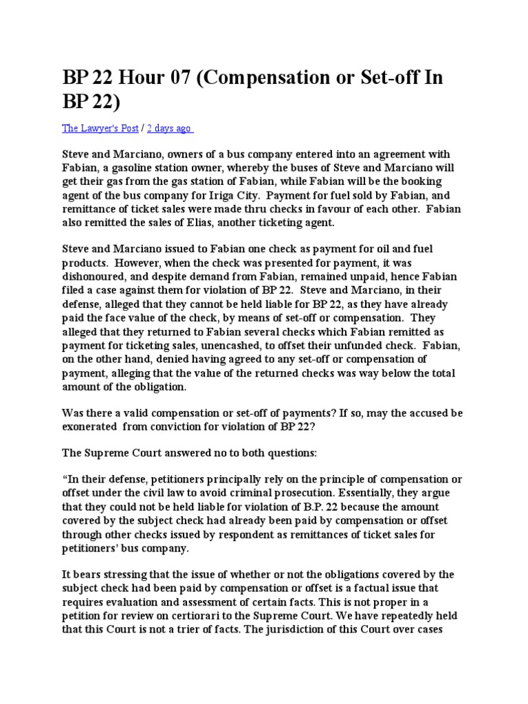 BP 22 Hour 07 (Compensation or Set-Off in BP 22) : The Lawyer's Post 2 ...
