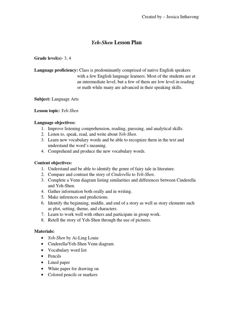 Yeh Shen Lesson Plan